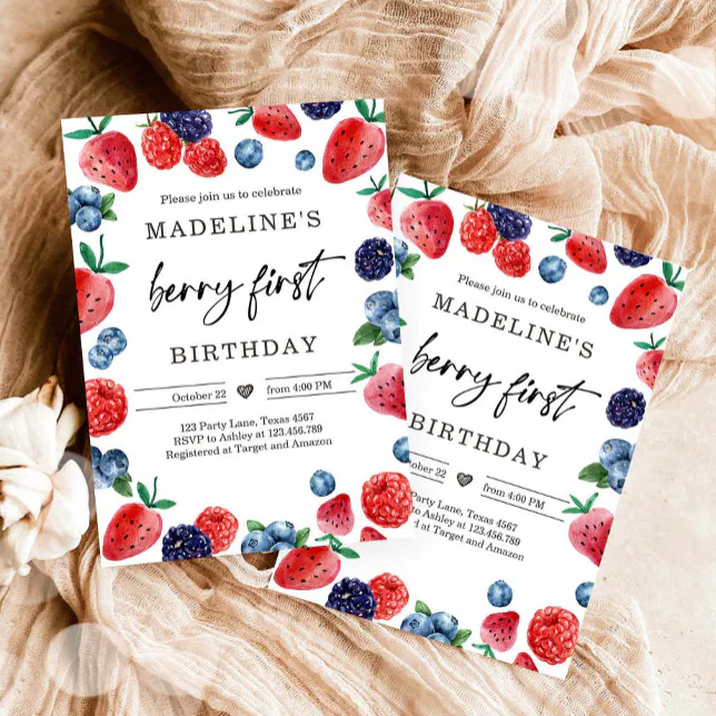 Strawberry Raspberry Berry First 1st Birthday Invitation | Zazzle