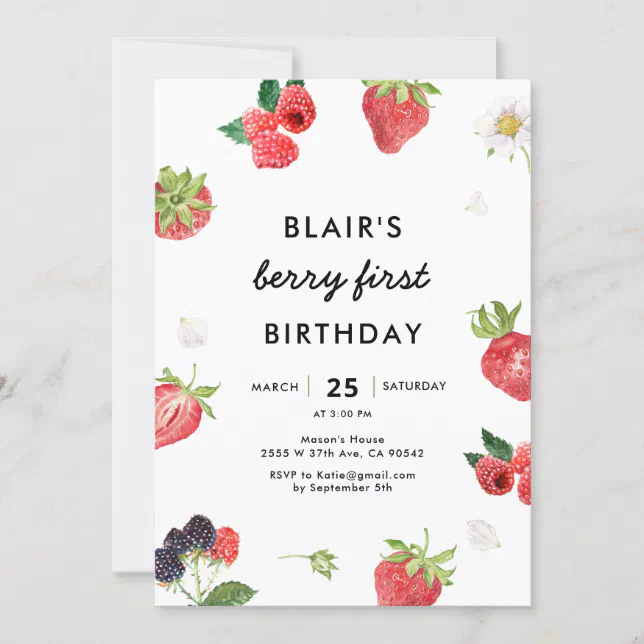 Strawberry Raspberry First Girl 1st Birthday Invitation | Zazzle