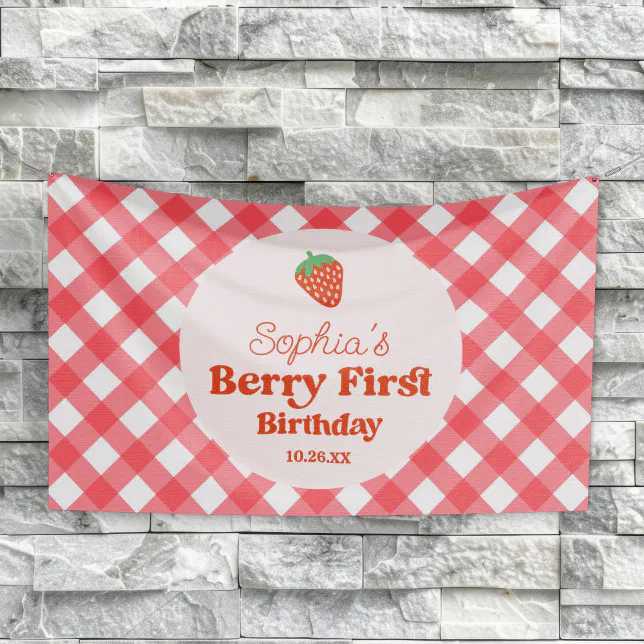 Strawberry Red Pink Berry First 1st Birthday Party Banner | Zazzle