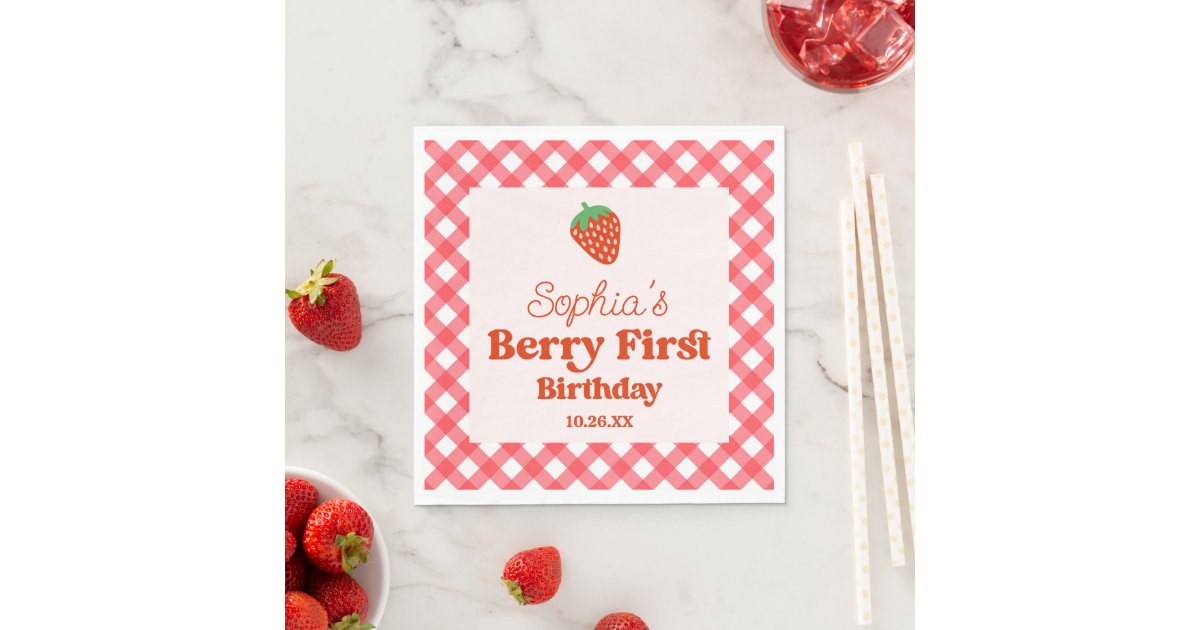 Strawberry Red Pink Berry First 1st Birthday Party Napkins | Zazzle