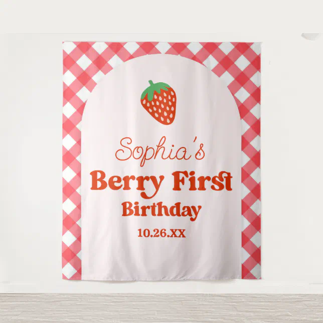 Strawberry Red Pink Berry First 1st Birthday Party Tapestry | Zazzle