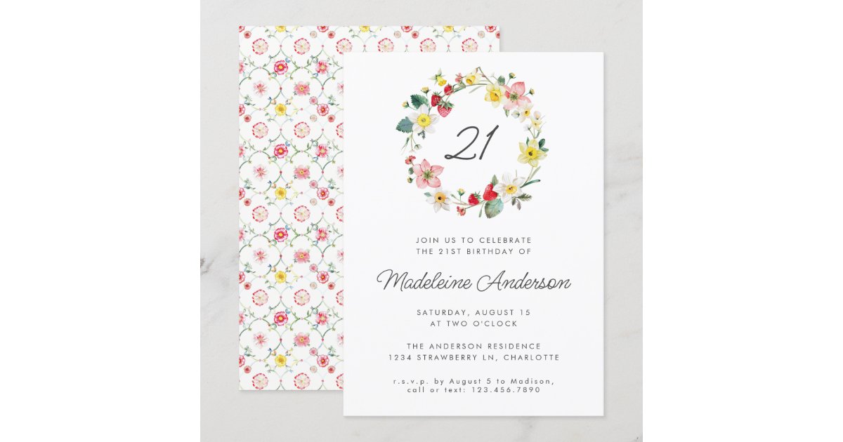 Strawberry Summer Flower Wreath 21st Birthday Invitation | Zazzle