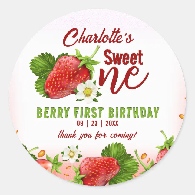 Strawberry Sweet ONE First Birthday Party Classic Round Sticker | Zazzle