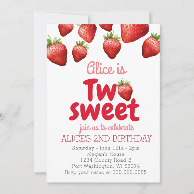 Strawberry two Sweet 2nd Birthday Invitation | Zazzle