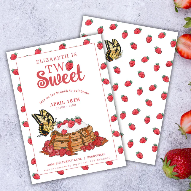 Strawberry Waffles Brunch | Two Sweet Birthday Invitation | Zazzle