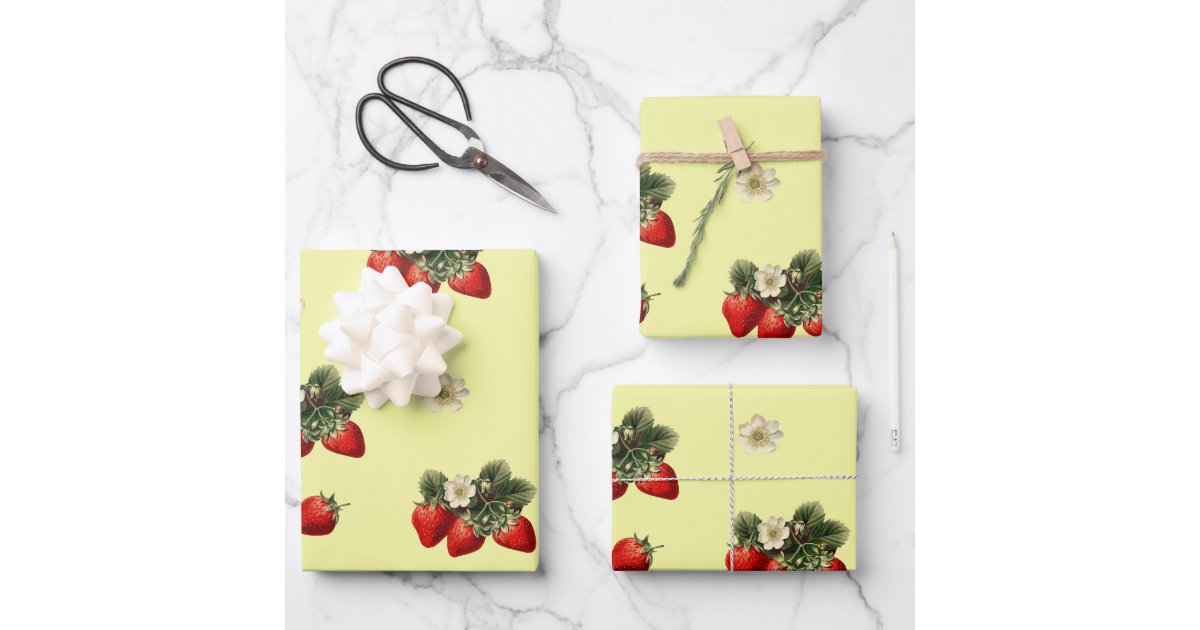 Strawberry wrapping paper with blossoms on yellow | Zazzle