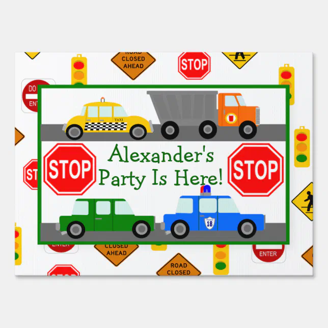Street Signs, Cars, and Trucks Birthday Party Sign | Zazzle