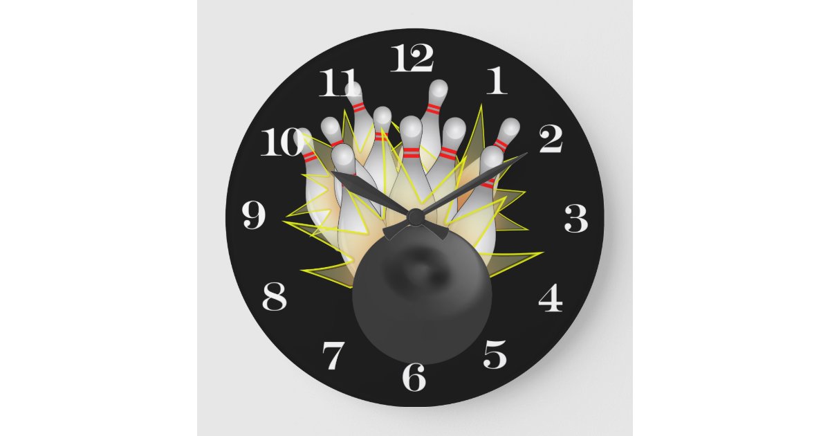 STRIKE! Bowling Ball And Pins Large Clock | Zazzle