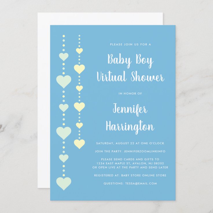 String Hearts Blue Yellow Mint Virtual Baby Shower Invitation | Zazzle