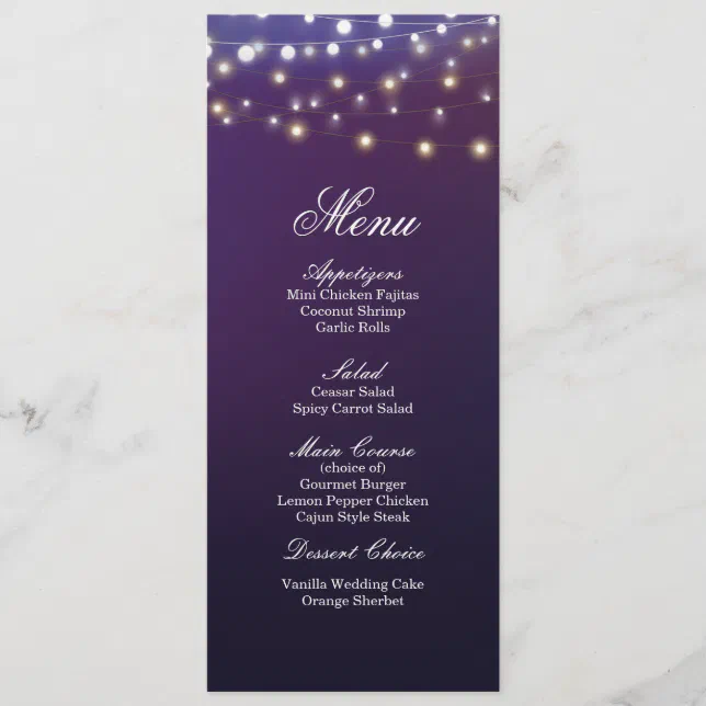 String Light Evening Wedding Dinner Menu | Zazzle