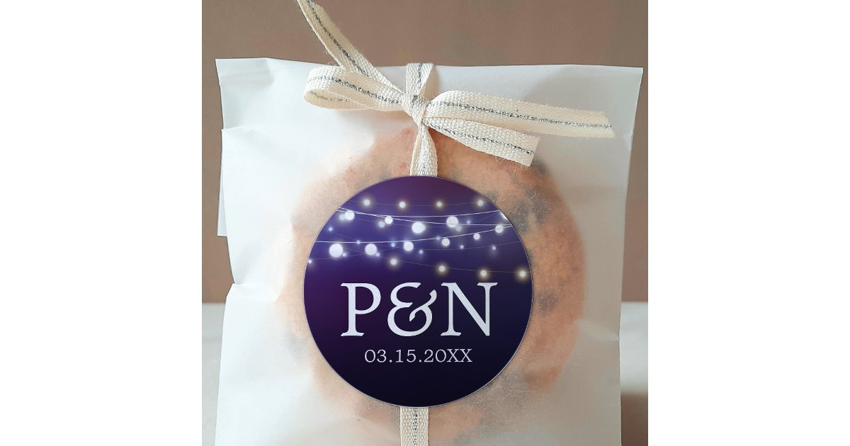 String Light Evening Wedding Monograms Classic Round Sticker | Zazzle