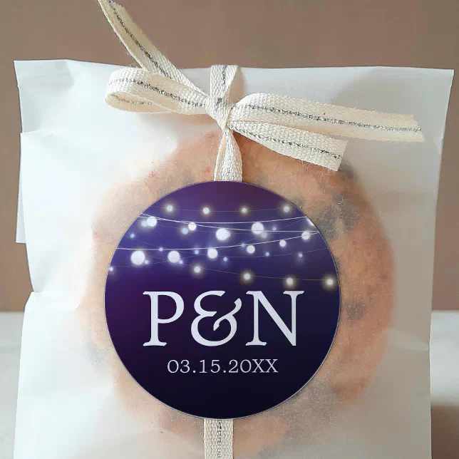 String Light Evening Wedding Monograms Classic Round Sticker | Zazzle