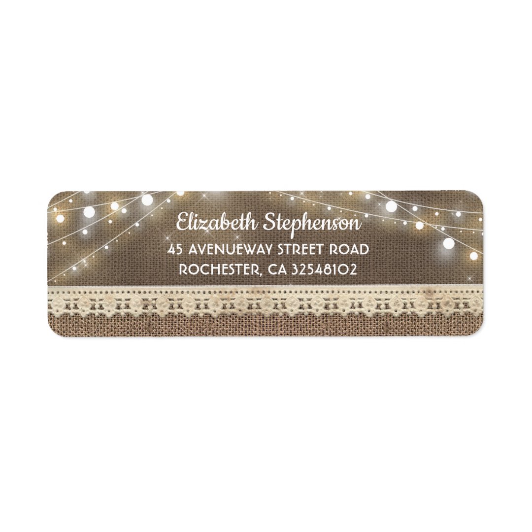 String Lights and Burlap Rustic Wedding Label | Zazzle