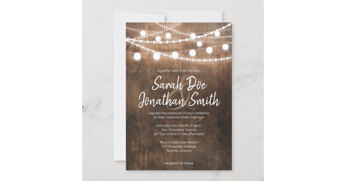 String Lights and Wood Wedding Invitation | Zazzle
