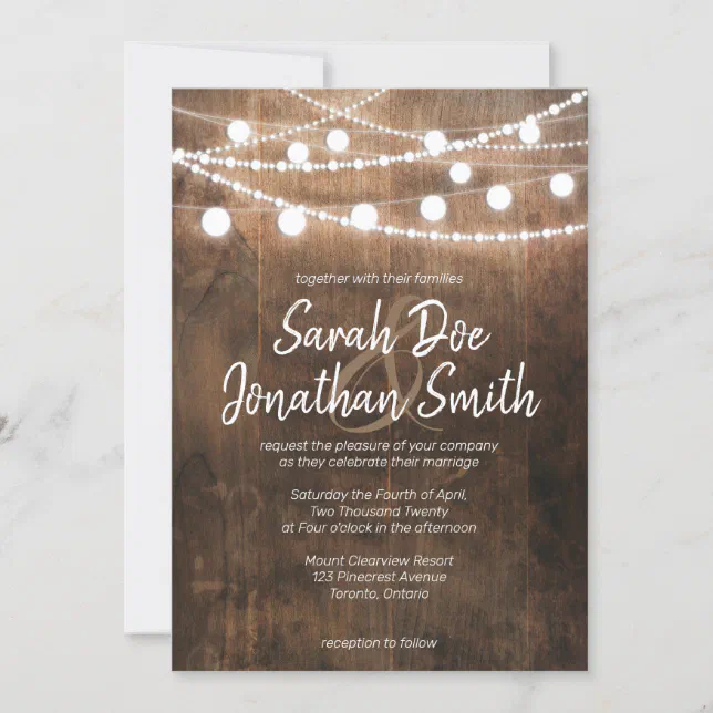 String Lights and Wood Wedding Invitation | Zazzle