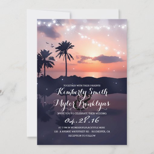 String Lights Beach Palms Sunset Wedding Invitation | Zazzle