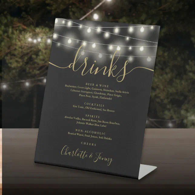 String Lights Black And Gold Wedding Drinks Menu Pedestal Sign | Zazzle