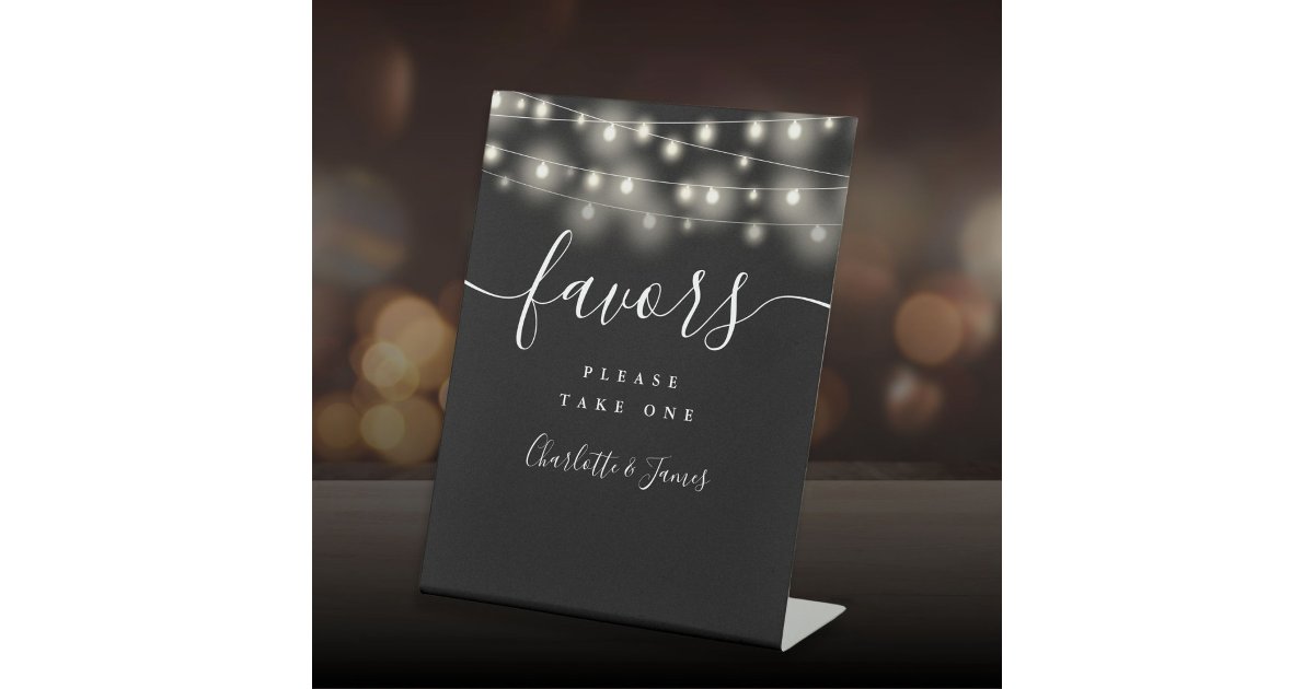 String Lights Black And White Wedding Favors Table Pedestal Sign | Zazzle