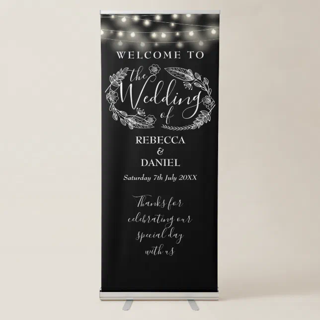 String Lights Black And White Wedding Welcome Retractable Banner | Zazzle