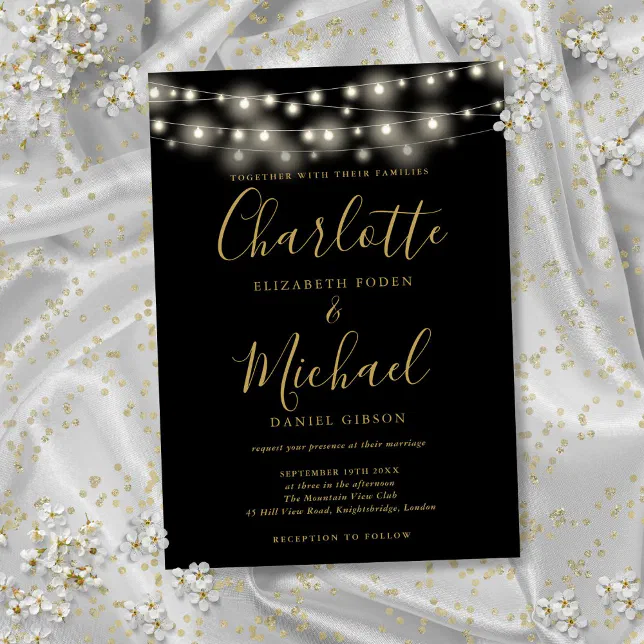 String Lights Black Gold Elegant Script Wedding Invitation | Zazzle