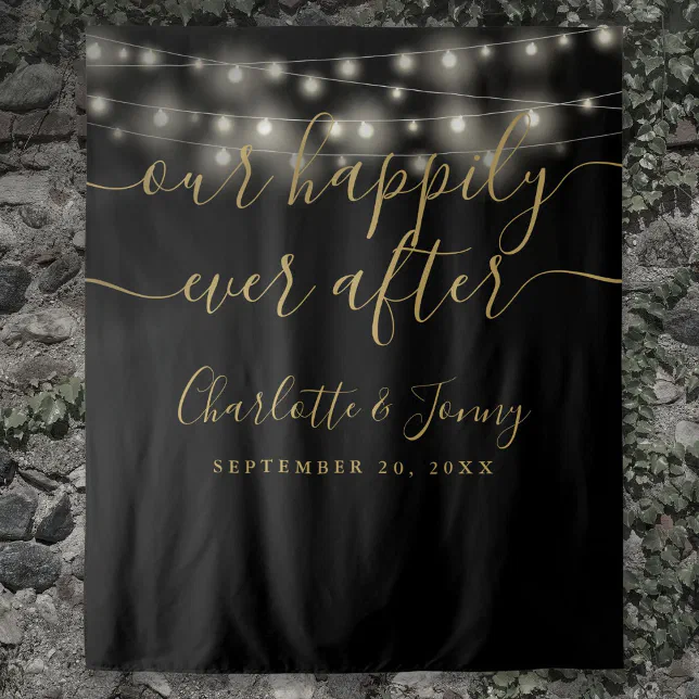 String Lights Black Gold Wedding Photo Backdrop | Zazzle