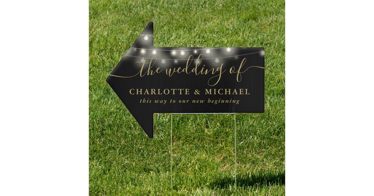 String Lights Black Gold Wedding This Way Arrow Sign | Zazzle
