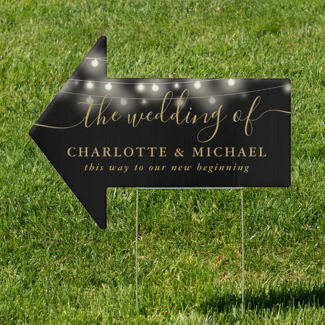 String Lights Black Gold Wedding This Way Arrow Sign | Zazzle