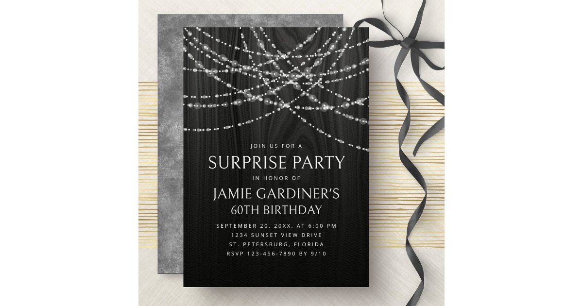 String Lights Black Rustic Surprise Birthday Invitation | Zazzle