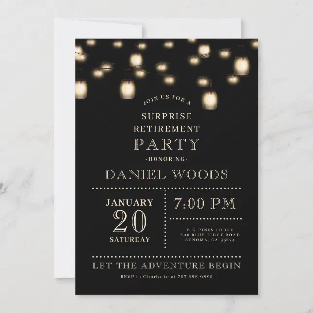String Lights Black Surprise Retirement Party Invitation | Zazzle