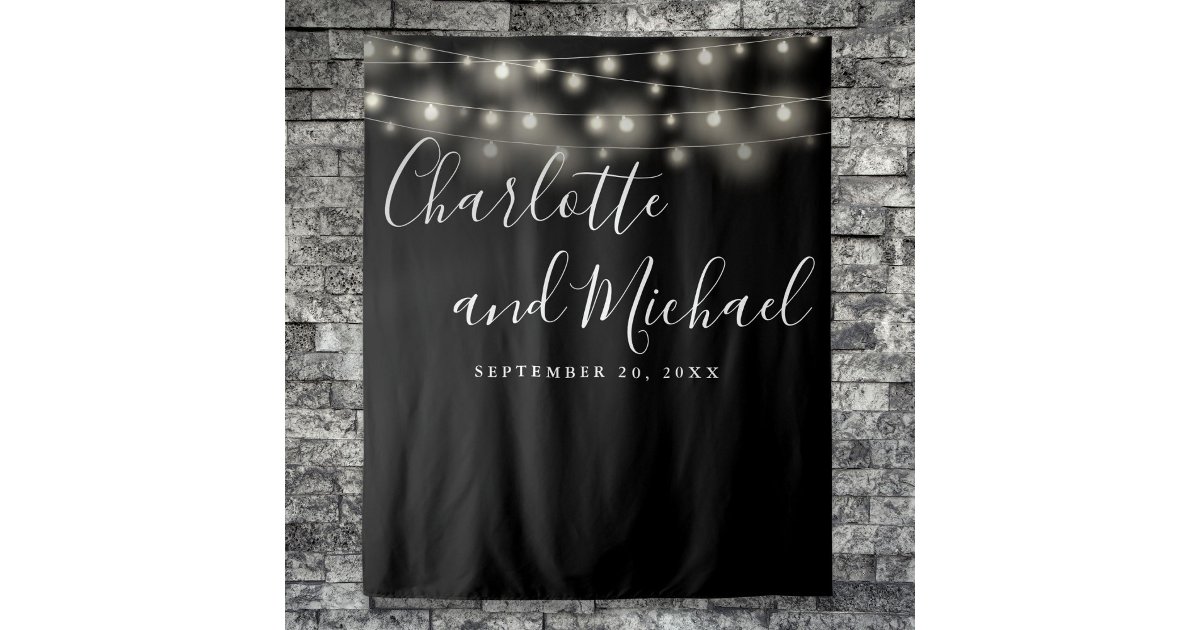 String Lights Black White Wedding Photo Backdrop | Zazzle