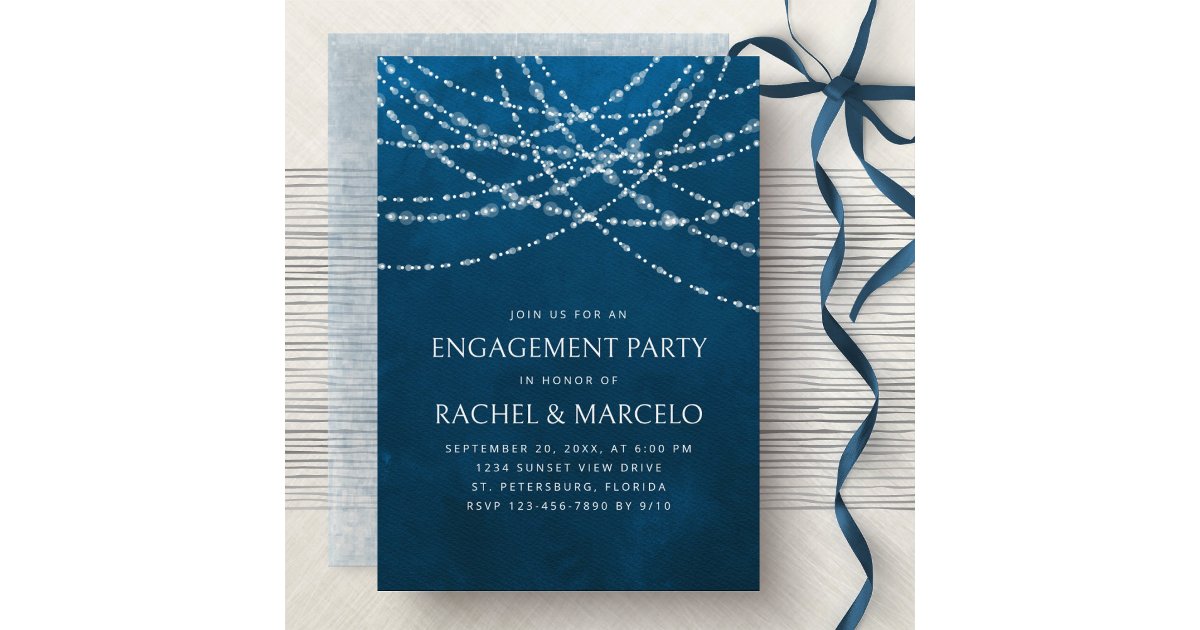 String Lights Blue Engagement Party Invitation | Zazzle