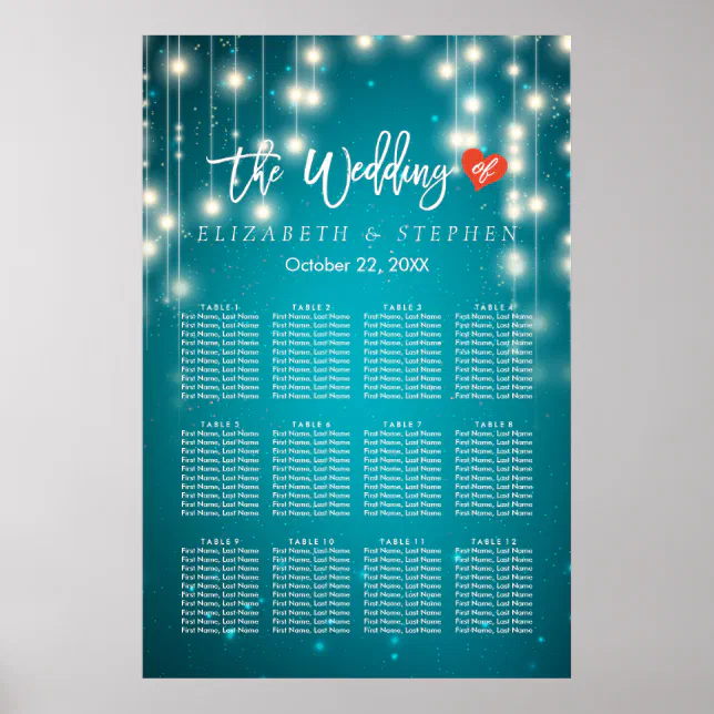 String Lights Blue Glitter Wedding Seating Chart | Zazzle