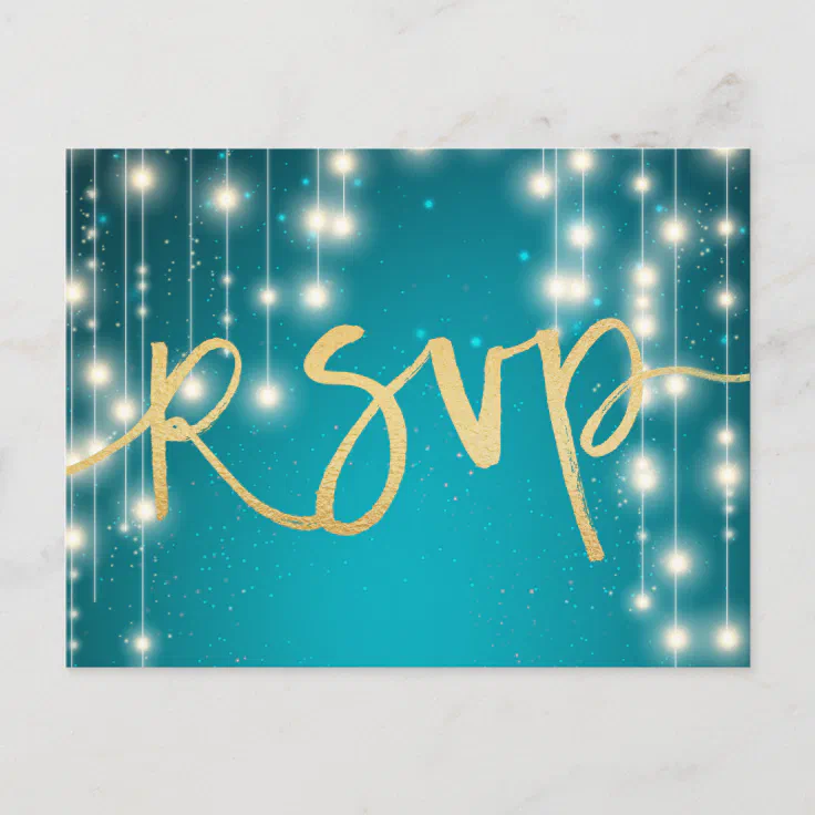 String Lights Blue Gold Script Wedding RSVP Reply Invitation Postcard ...