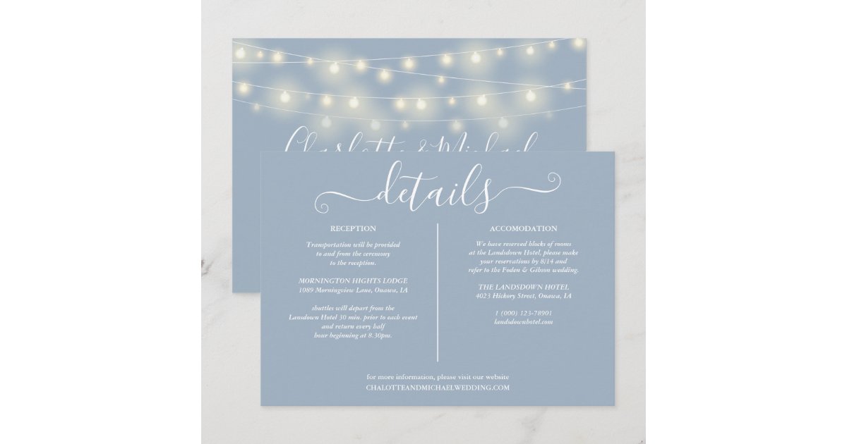 String Lights Dusty Blue Wedding Details Info Invitation | Zazzle