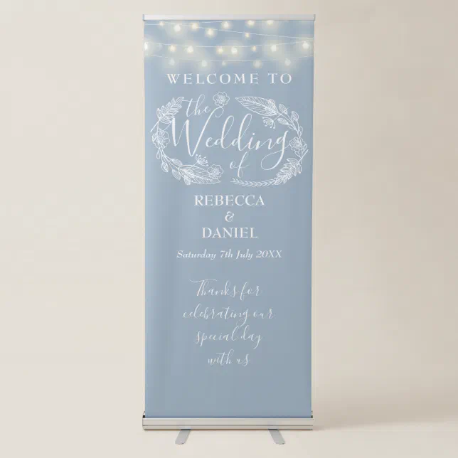 String Lights Dusty Blue Wedding Welcome Retractable Banner | Zazzle