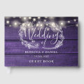 String Lights Floral Rustic Purple Wood Wedding Guest Book | Zazzle