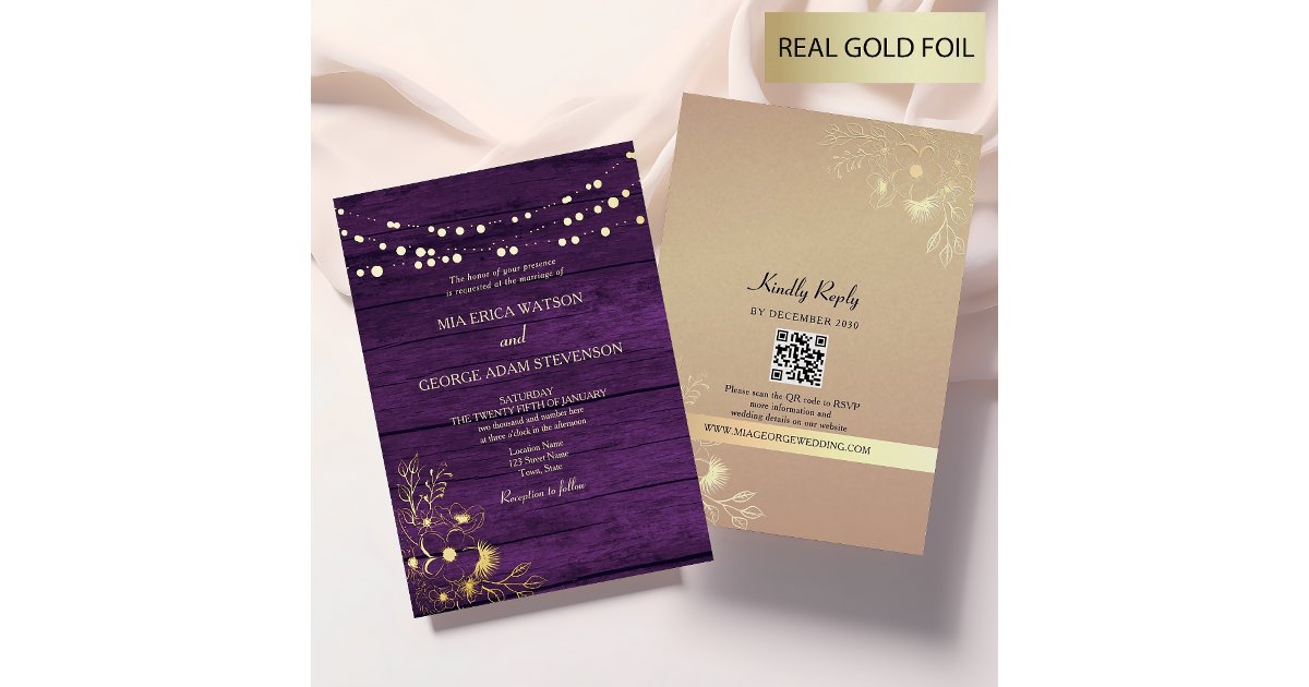 String Lights Gold Purple Wedding QR Code Foil Invitation | Zazzle