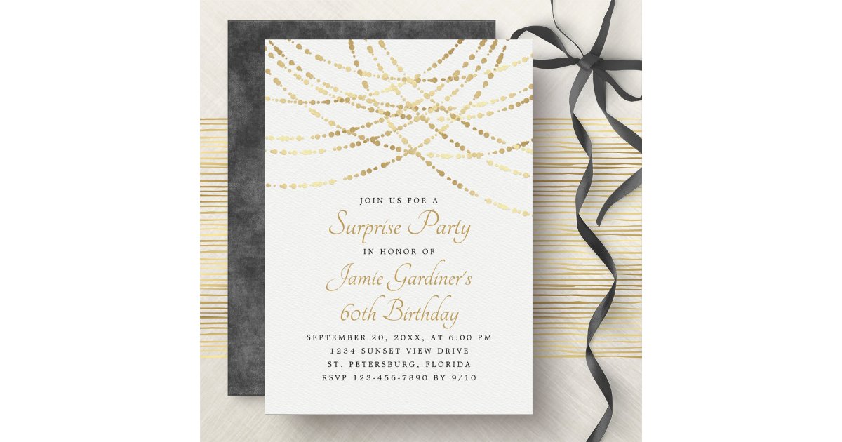 String Lights Gold Surprise Birthday Invitation | Zazzle