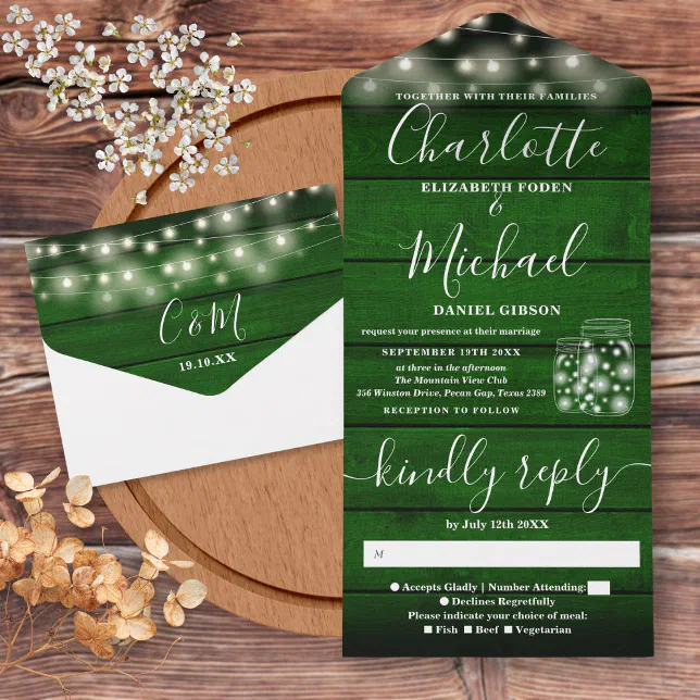String Lights Mason Jars Green Wood Wedding All In One Invitation | Zazzle