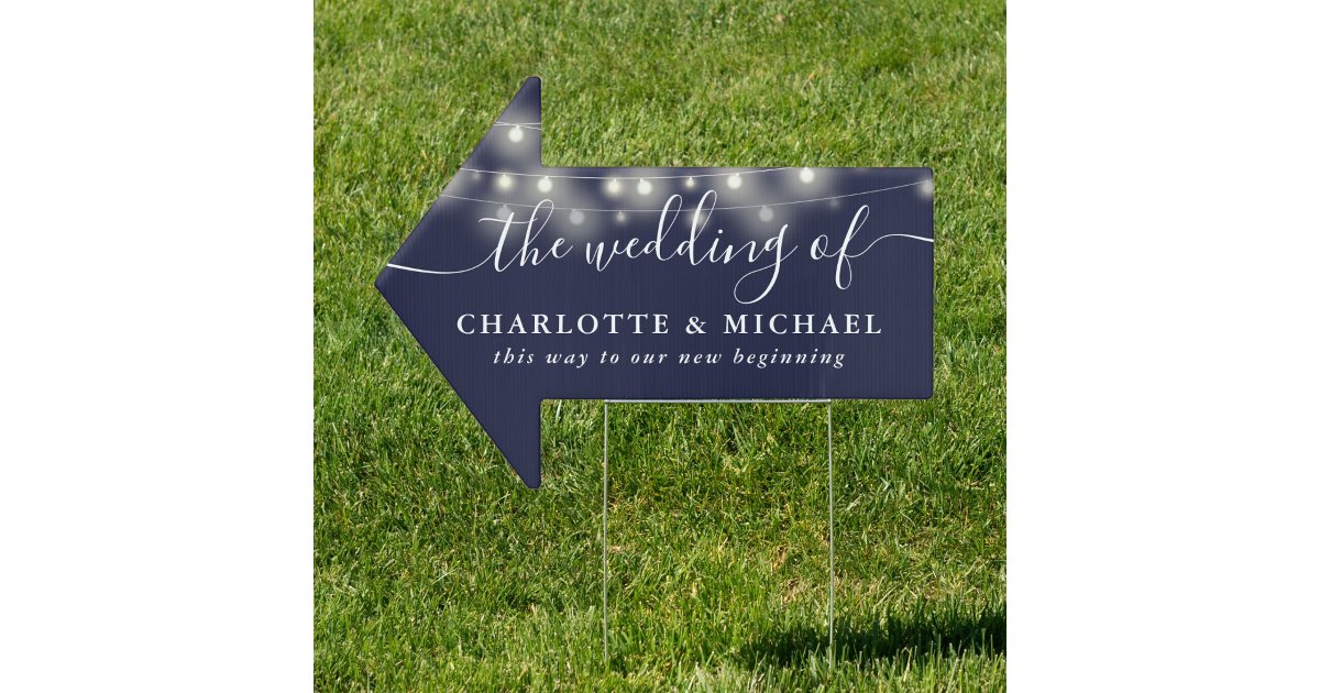 String Lights Navy Blue Wedding This Way Arrow Sign | Zazzle