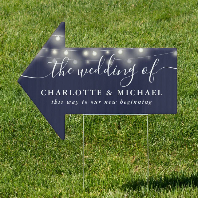 String Lights Navy Blue Wedding This Way Arrow Sign | Zazzle