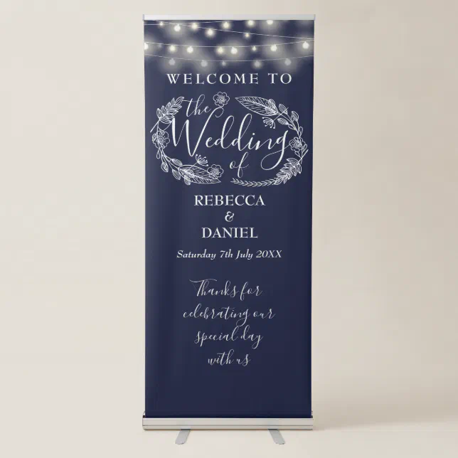 String Lights Navy Blue Wedding Welcome Retractable Banner | Zazzle