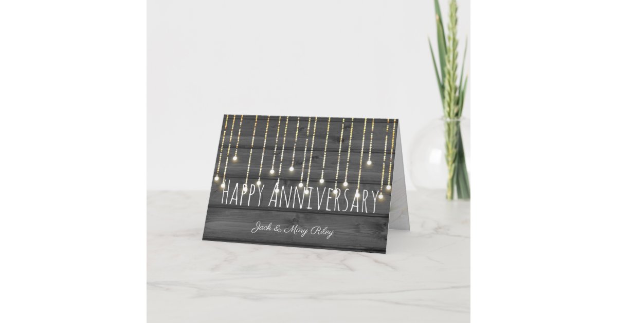 string lights on black rustic wood for anniversary card | Zazzle