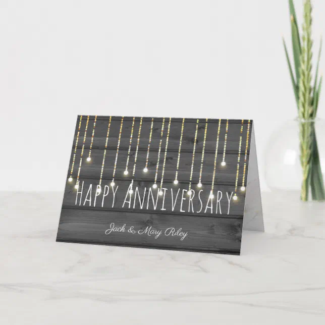string lights on black rustic wood for anniversary card | Zazzle