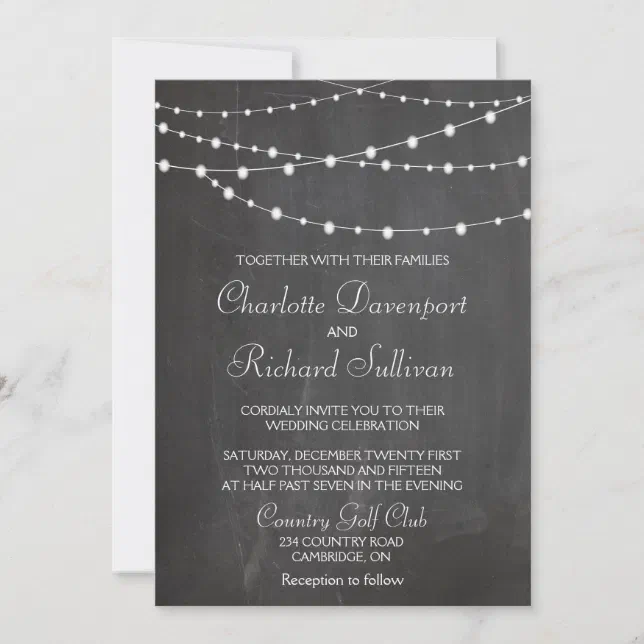 String lights on chalkboard wedding invitation | Zazzle