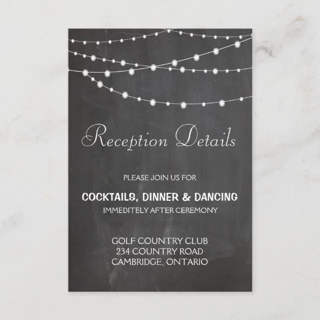 String lights on chalkboard wedding reception card | Zazzle
