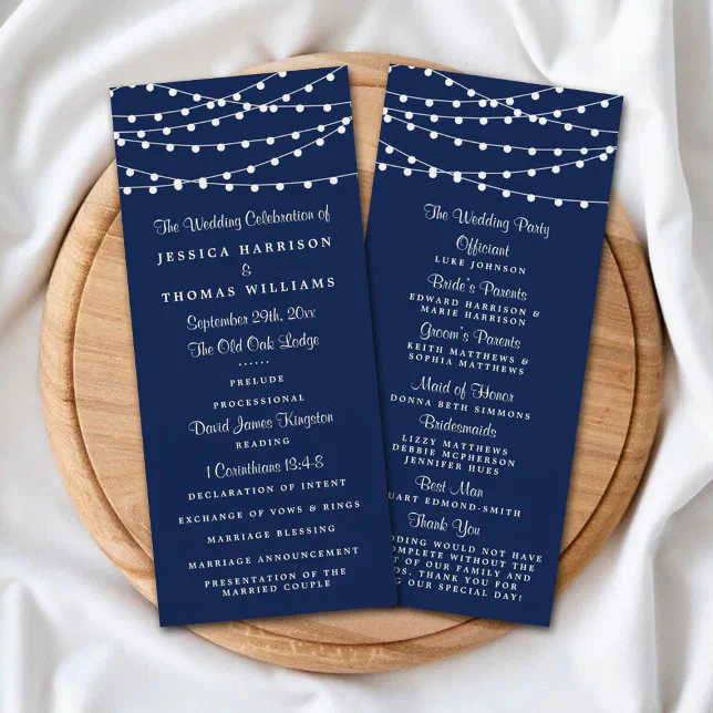 String Lights On Navy Blue Wedding Program | Zazzle