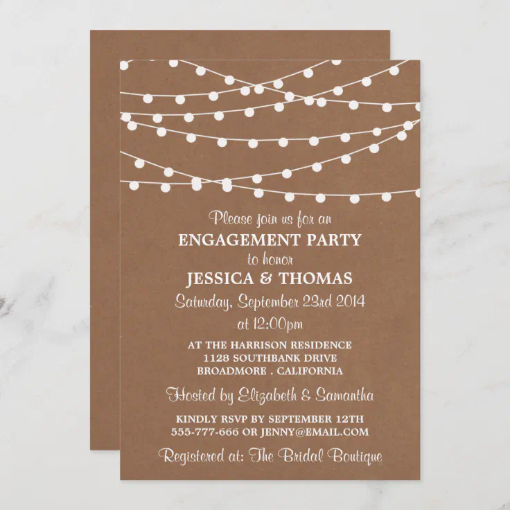 String Lights On Rustic Kraft Engagement Party Invitation | Zazzle