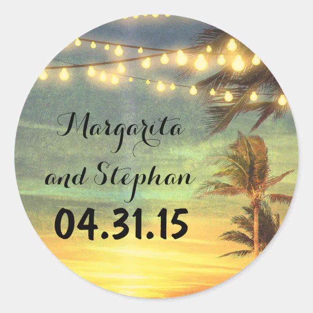 String Lights Palms Beach Sunset Wedding Classic Round Sticker | Zazzle