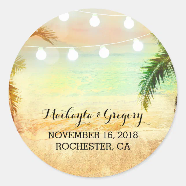 String Lights Palms Beach Sunset Wedding Stickers | Zazzle